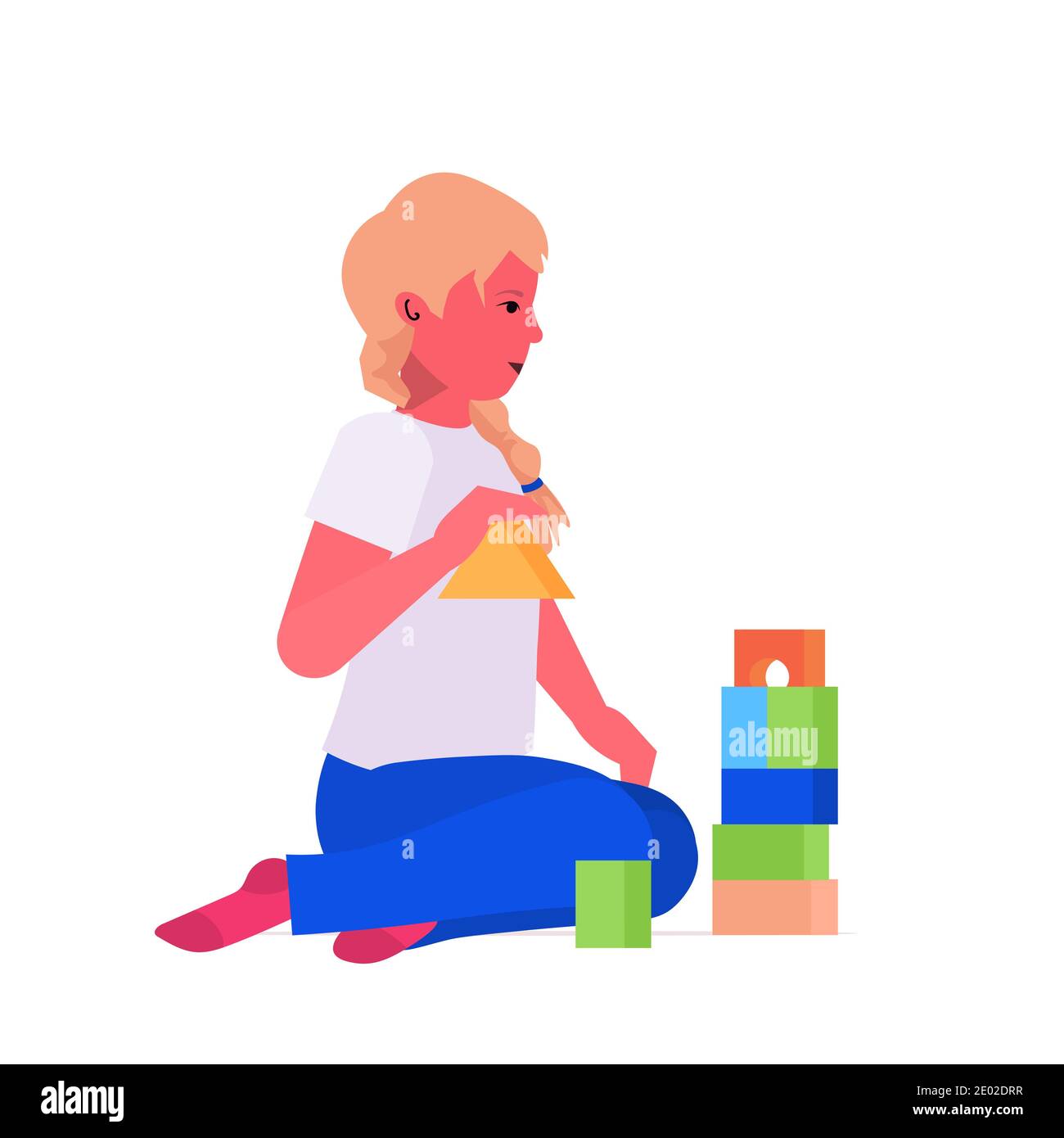 beautiful little girl playing with wooden blocks cute child building ...