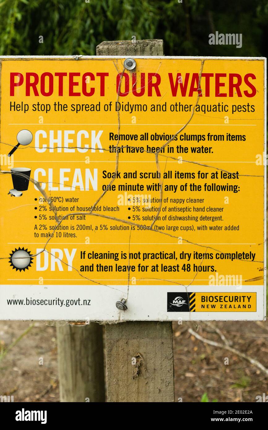 New Zealand river biosecurity information Stock Photo - Alamy
