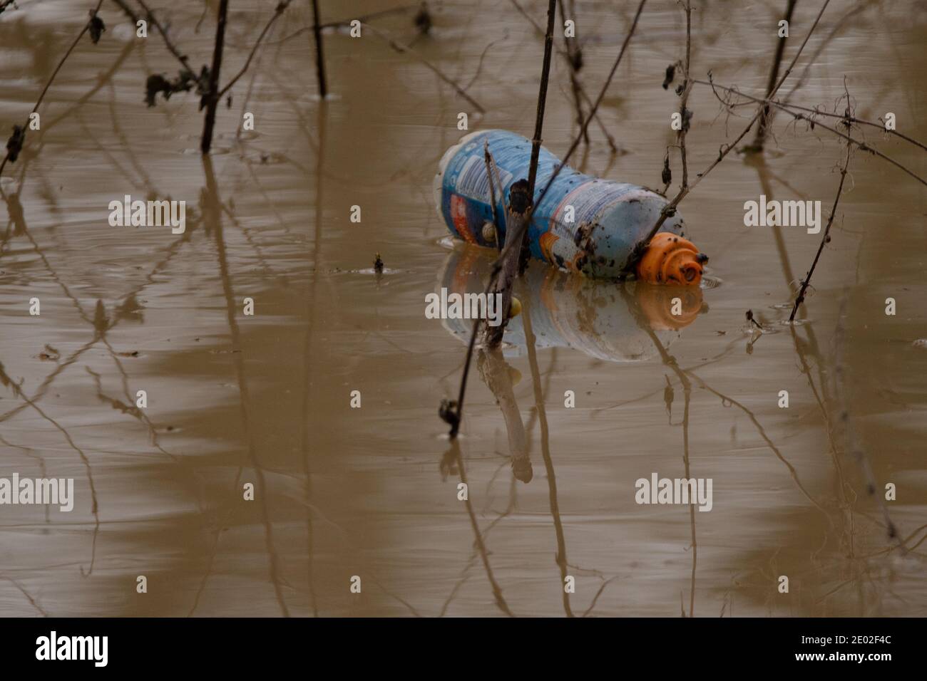 Plastic bottle floating in the river Welland which is brown with mud ...