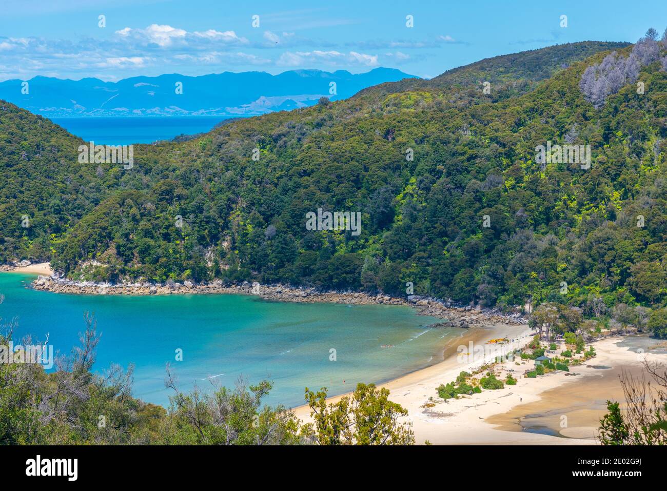 Aerial view of Bark bay at Abel Tasman national park in New Zealand ...