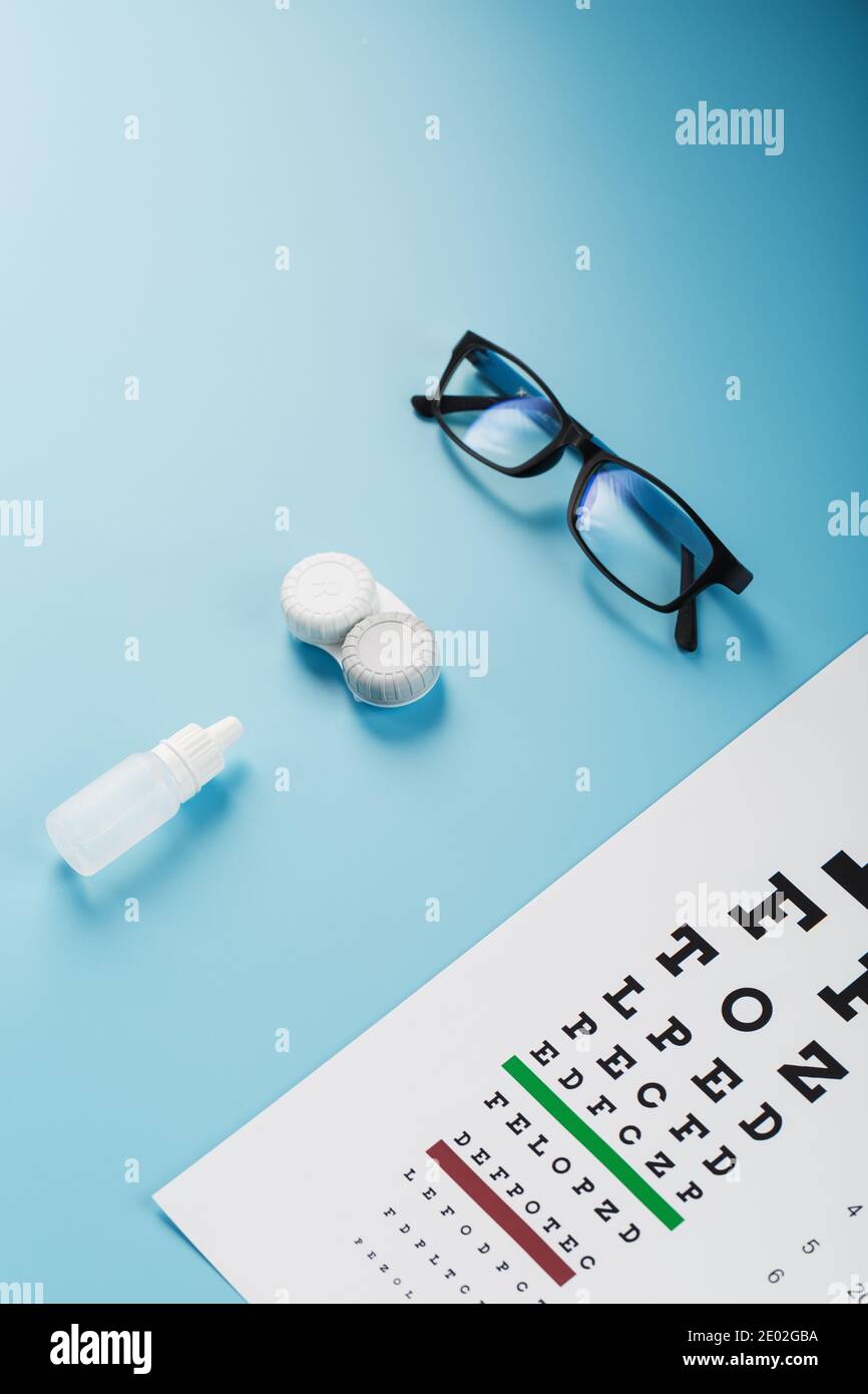 Glasses with Contact Lenses, drops and an Optometrist's Eye Test Chart ...