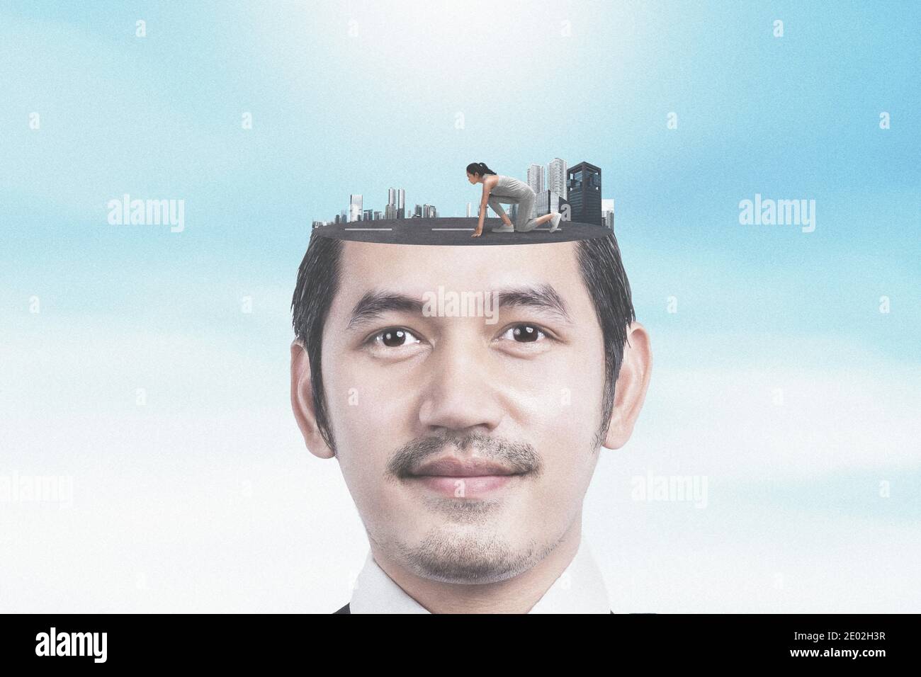 Collage of businessman with running track for runner woman on his head ...