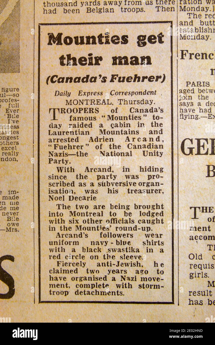 Article about capture of Adrien Arcand, Fuehrer of the Canadian Nazis ...
