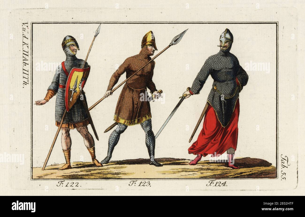 Three Norman cavalry in chainmail armor and nasal helmets. Soldier with lance and shield with ...