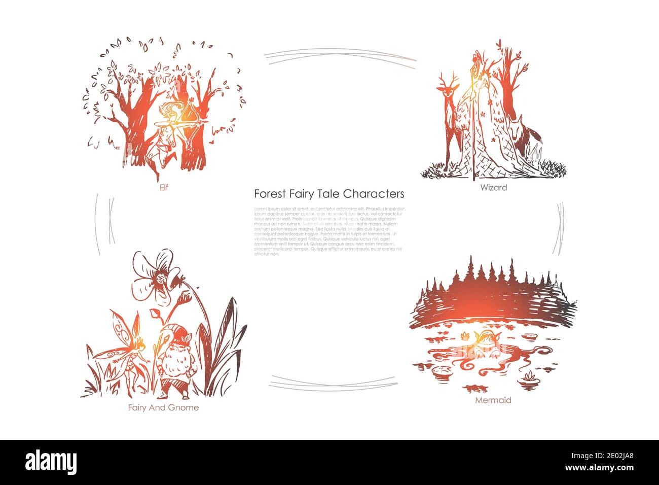 Fantastic imaginary, mythical creatures, elf, wizard, gnome and mermaid ...