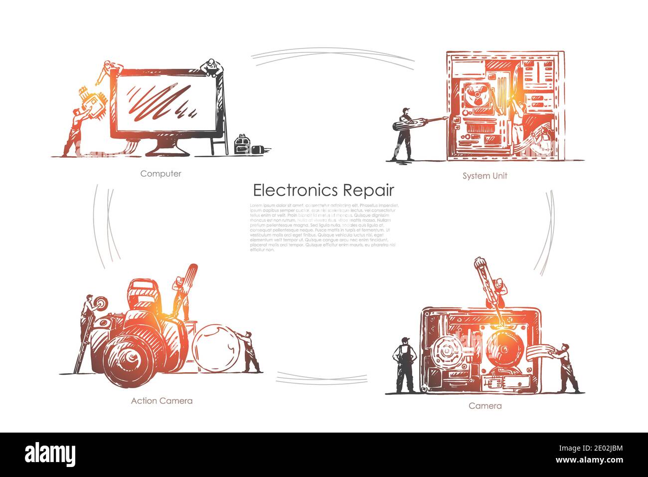 Technical equipment workshop, tiny people fixing computer, system unit ...