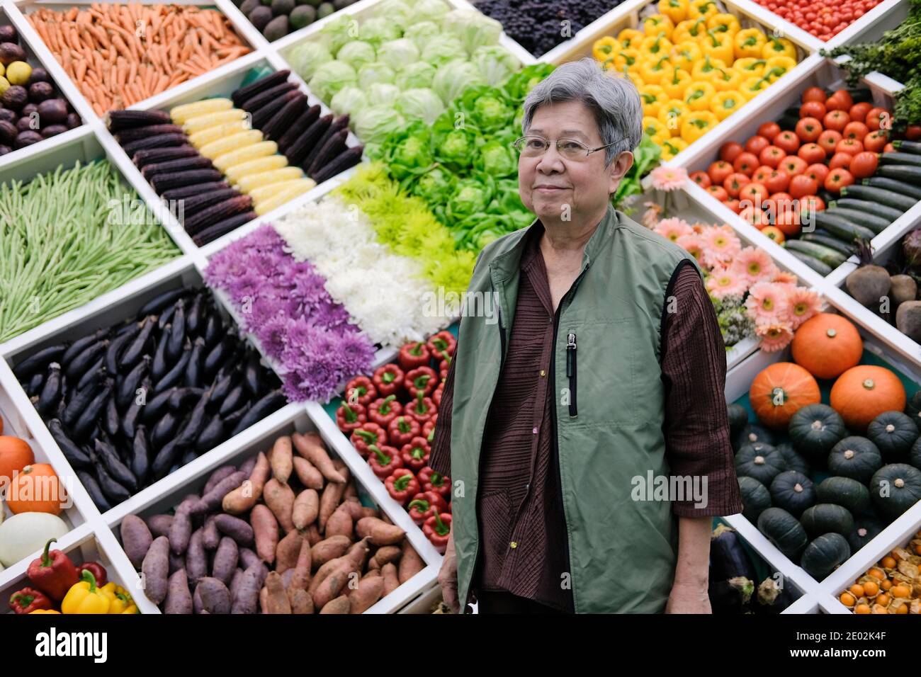 asian old elderly elder woman female with fruit vegetables on shelf ...