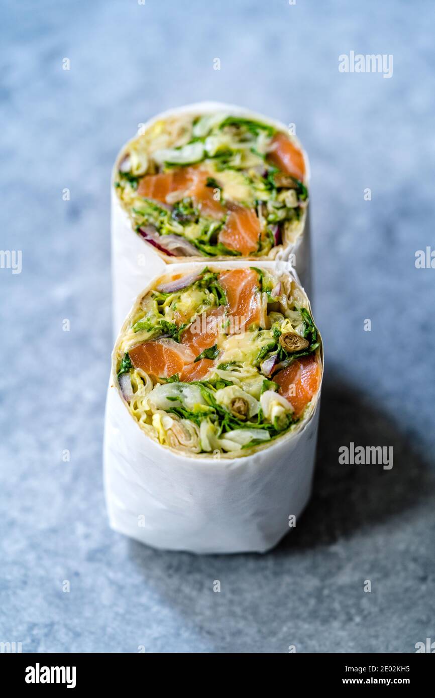 Take Away Salmon Wrap with Avocado Mash and Roti Dough. Take Out ...