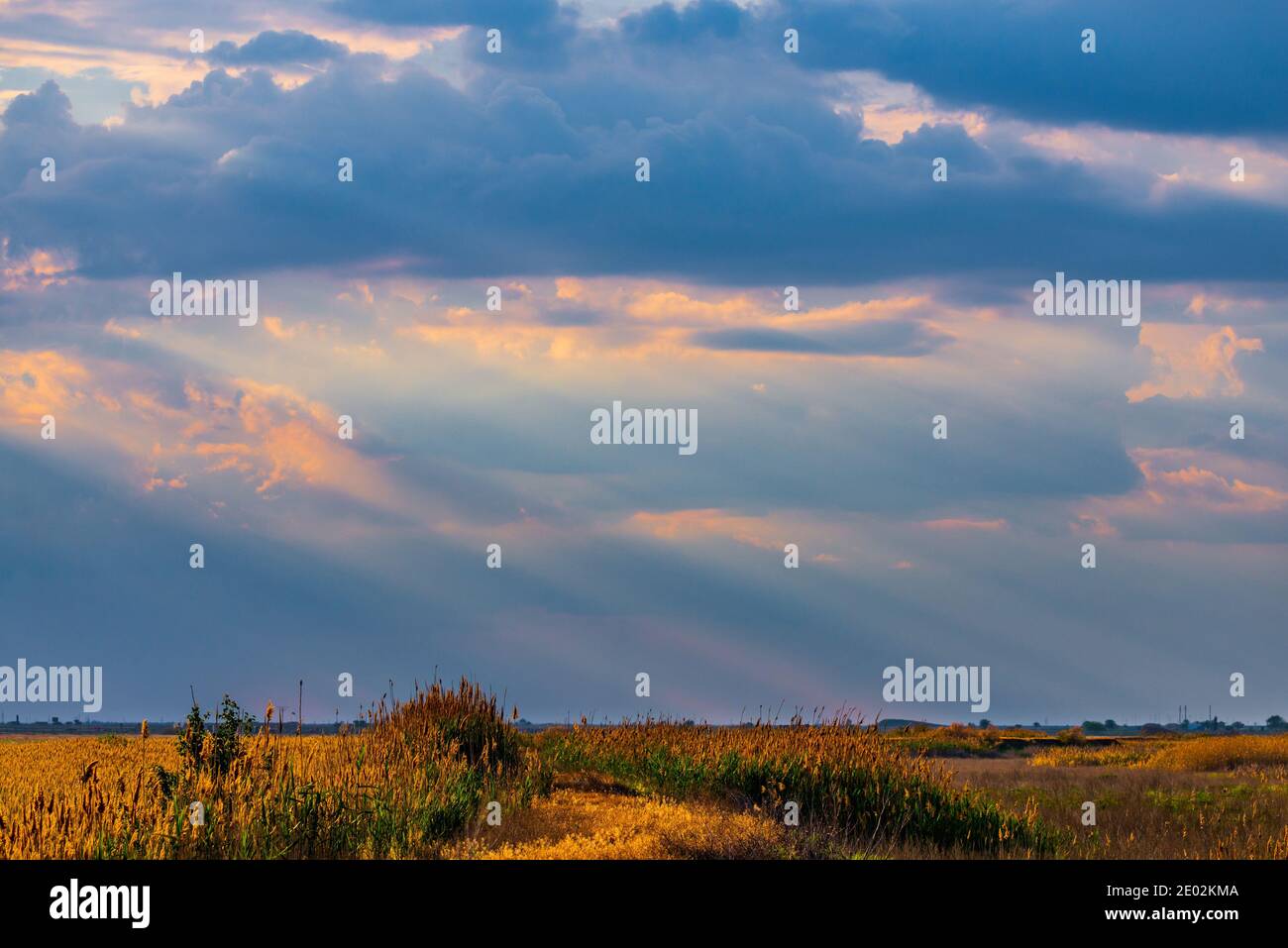 Dramatic cloudscape area landscape with rays of light Stock Photo - Alamy