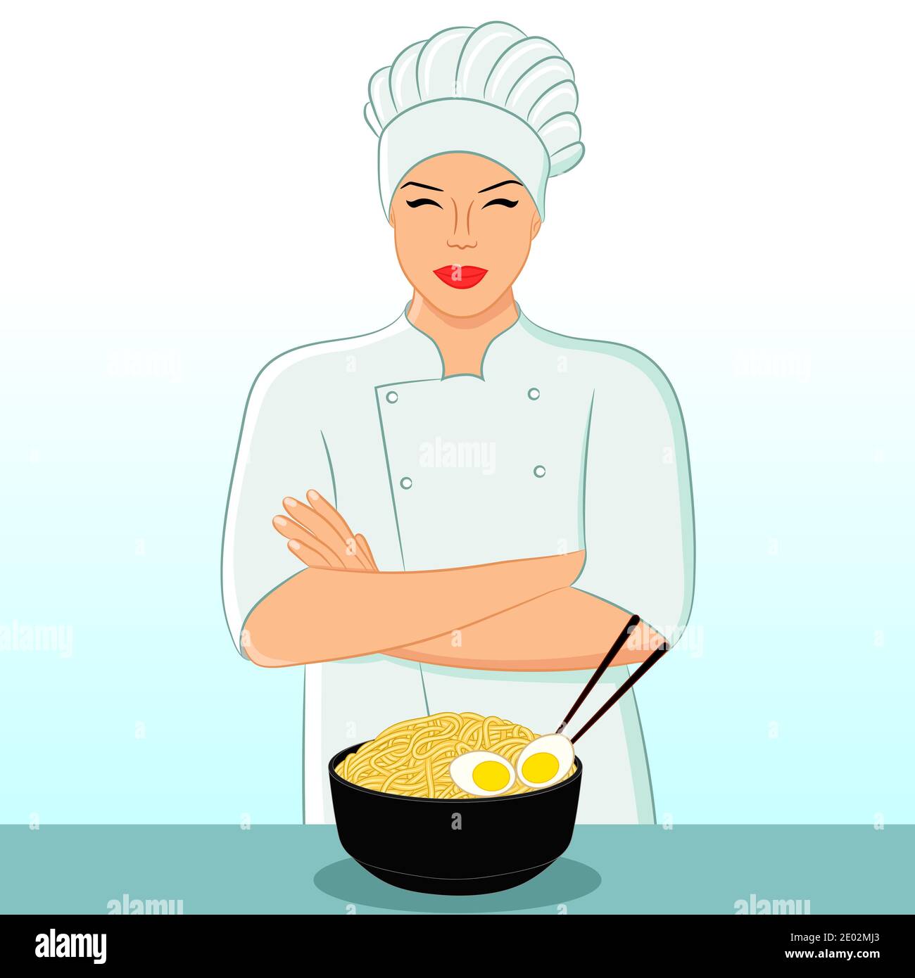 Portrait of smiling young woman chef or cook wearing chef hat and ...