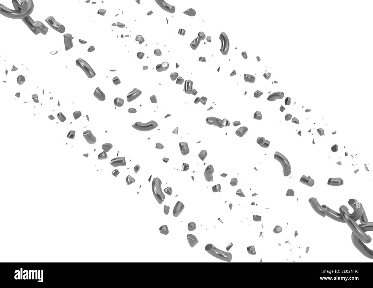 Breaking part chains long diagonal, dark grey metal 3d illustration ...
