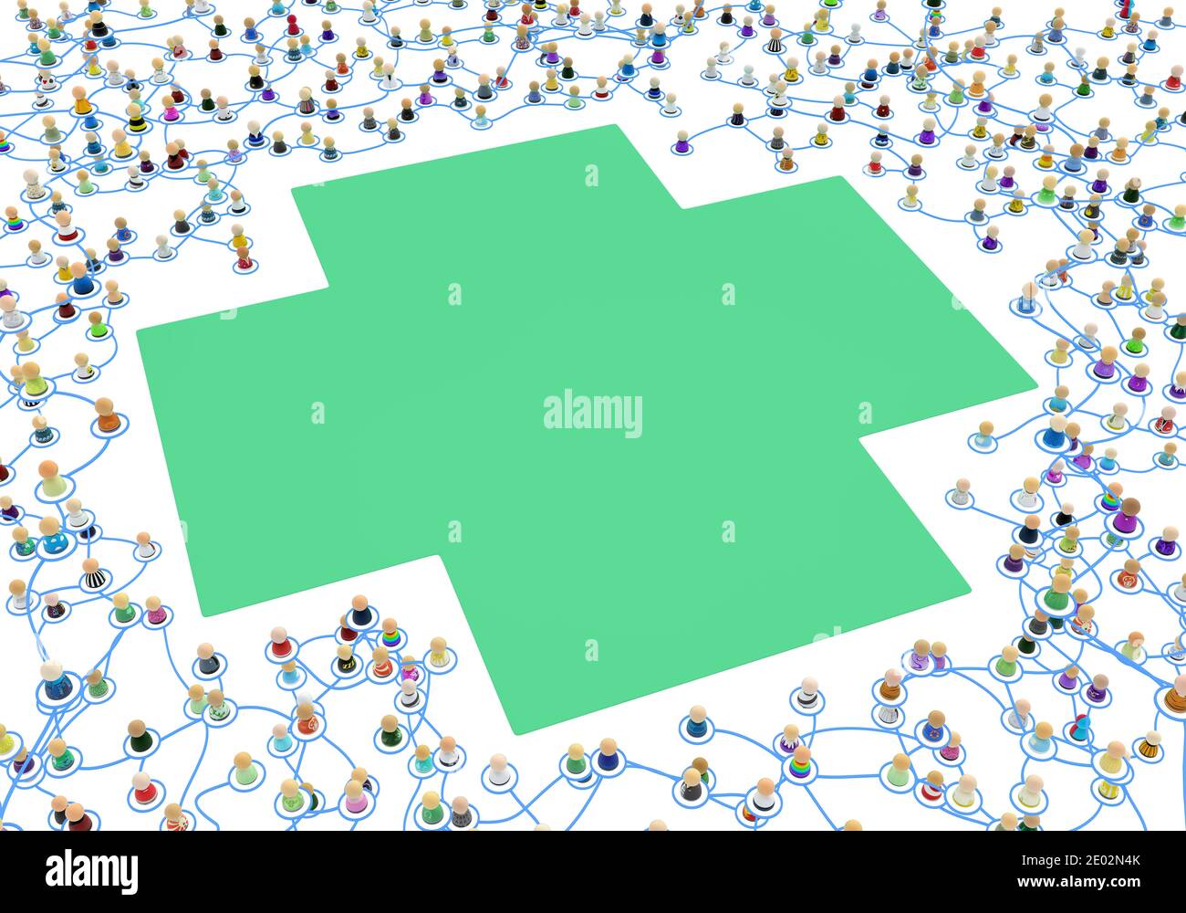 Crowd of small symbolic 3d figures linked by lines, complex layered ...