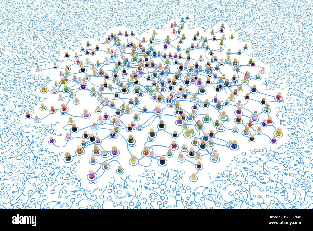 Crowd of small symbolic 3d figures linked by lines, complex layered ...