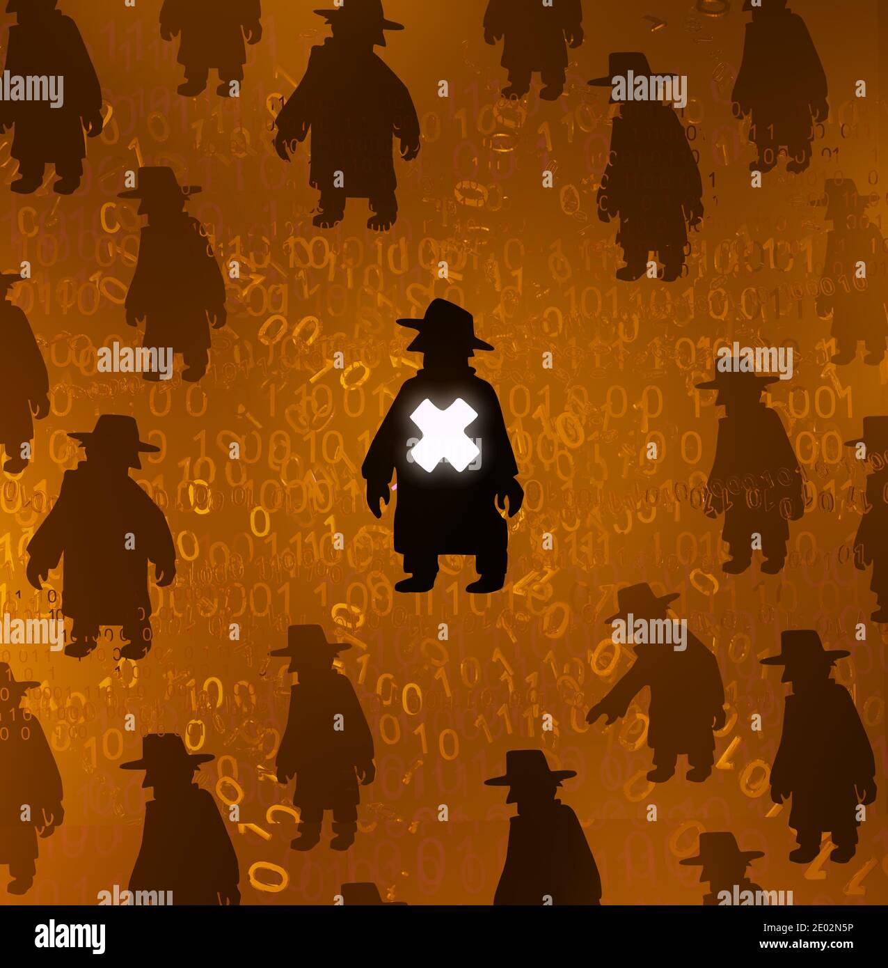 Cyberspace spy shadow figure selected one from many, orange color ...