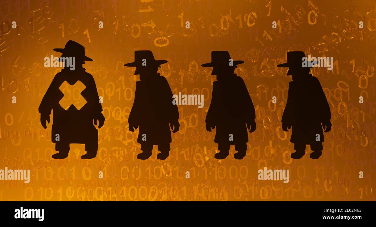 Cyberspace spy shadow figure marked one, orange color, virtual reality ...