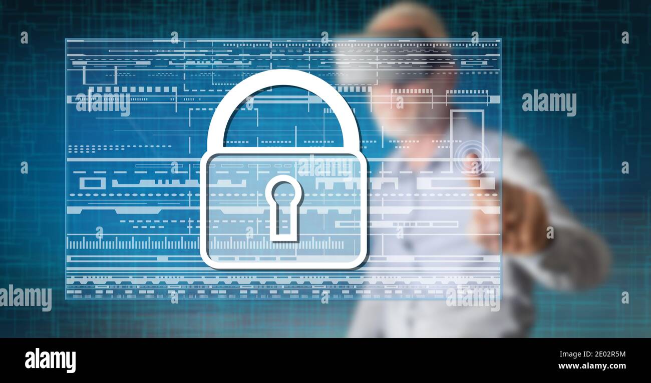 Man with vr headset touching a data protection concept on a touch ...