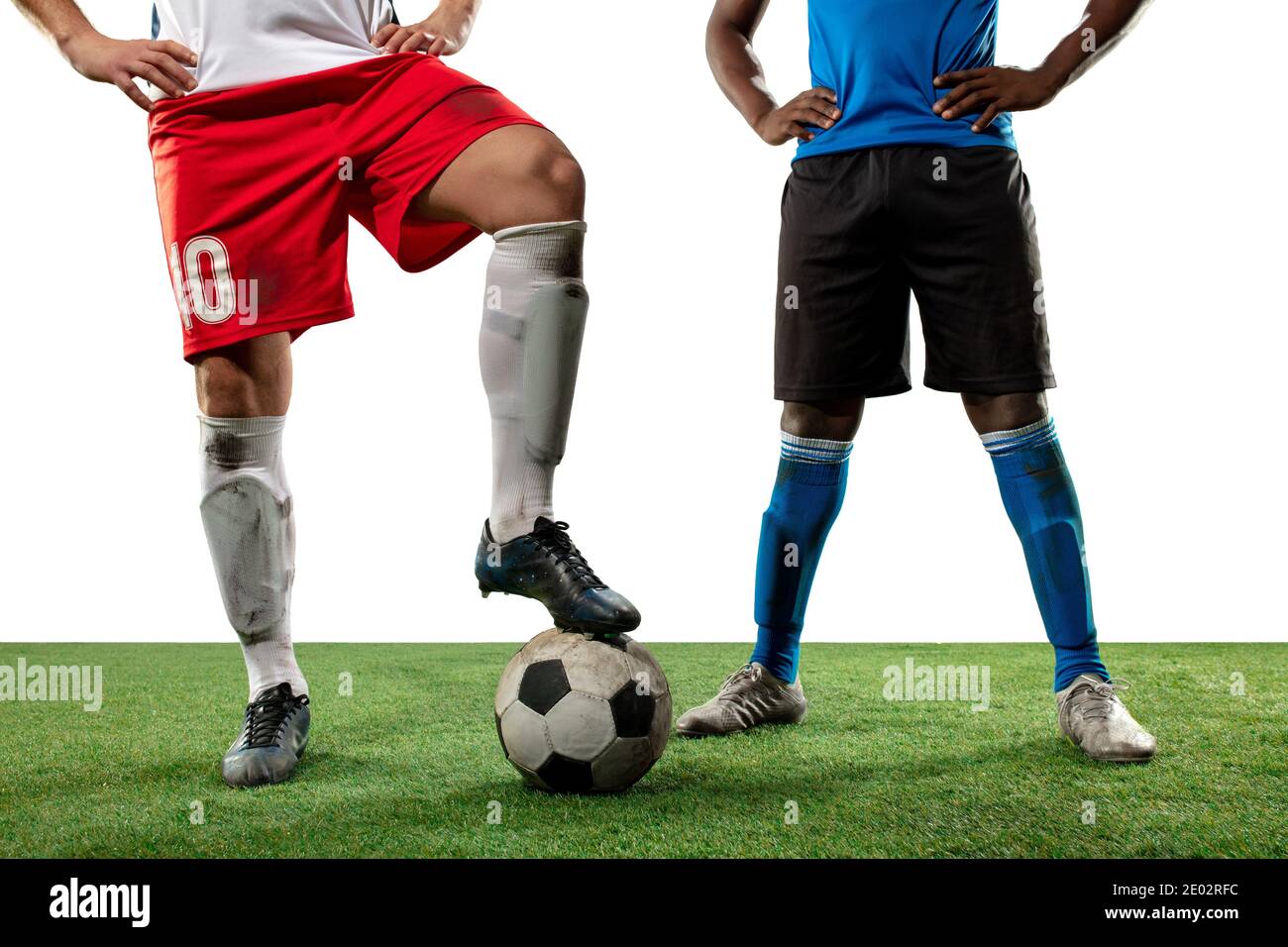 Close up legs of professional soccer, football players fighting for ...