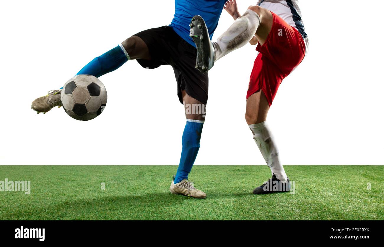 Close up legs of professional soccer, football players fighting for ...