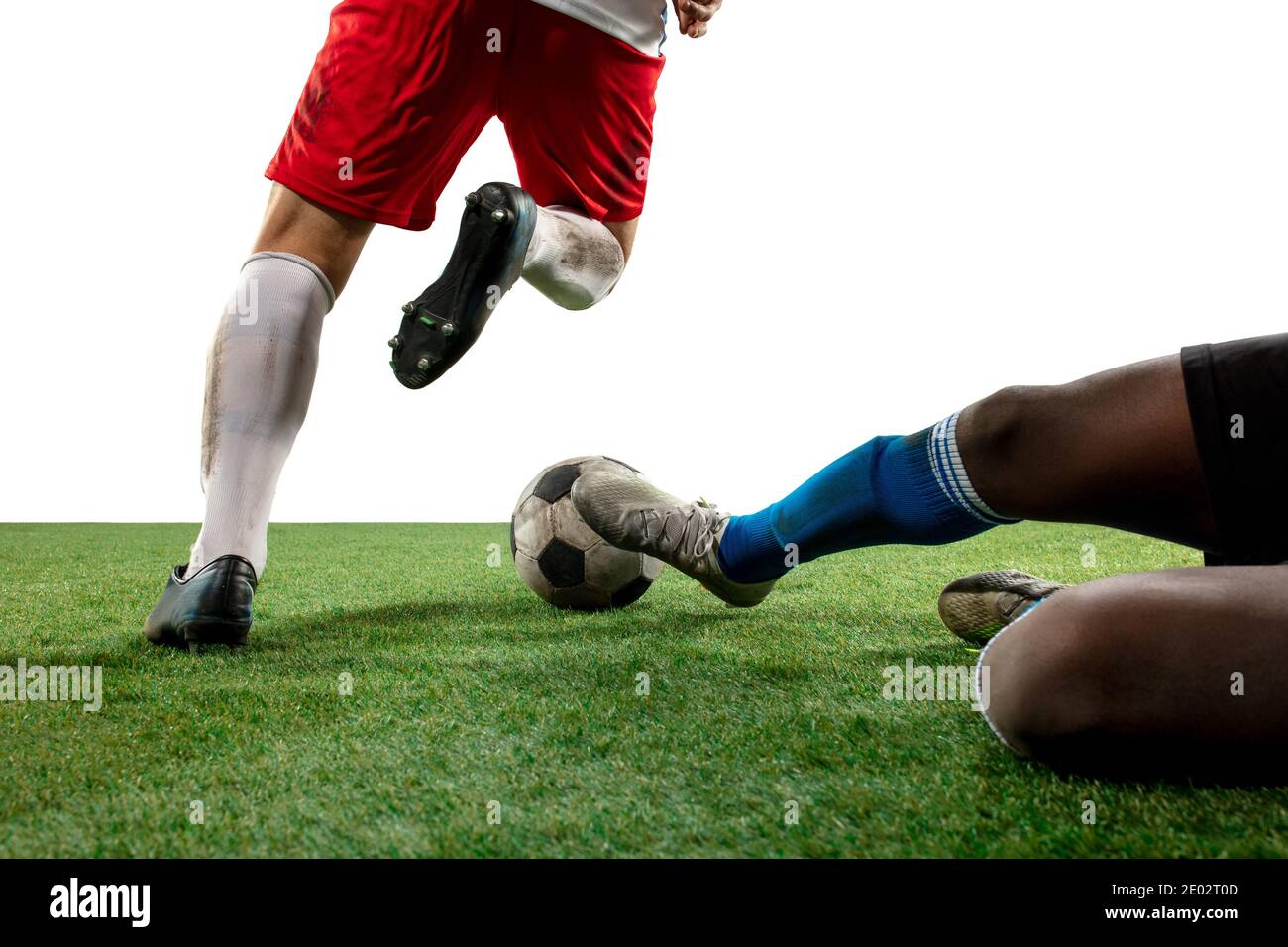 Close up legs of professional soccer, football players fighting for ...