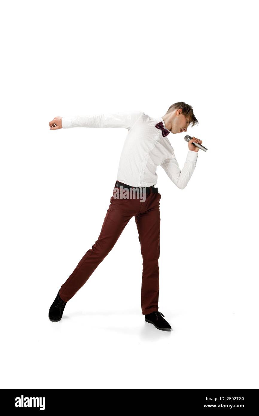 Singer. Happy young man dancing in casual clothes or suit, remaking ...