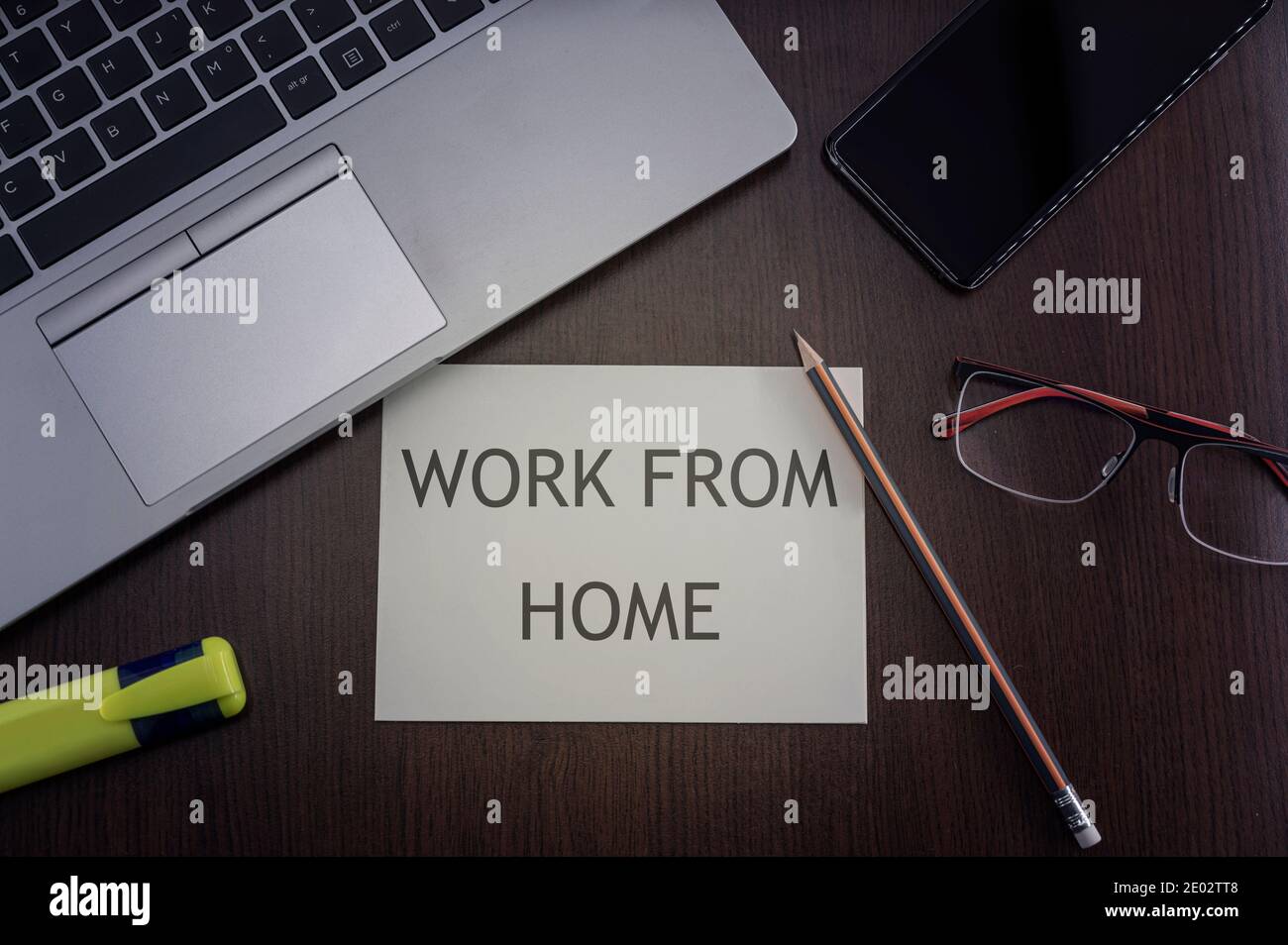 Work from home card. Top view of office table desktop background with ...