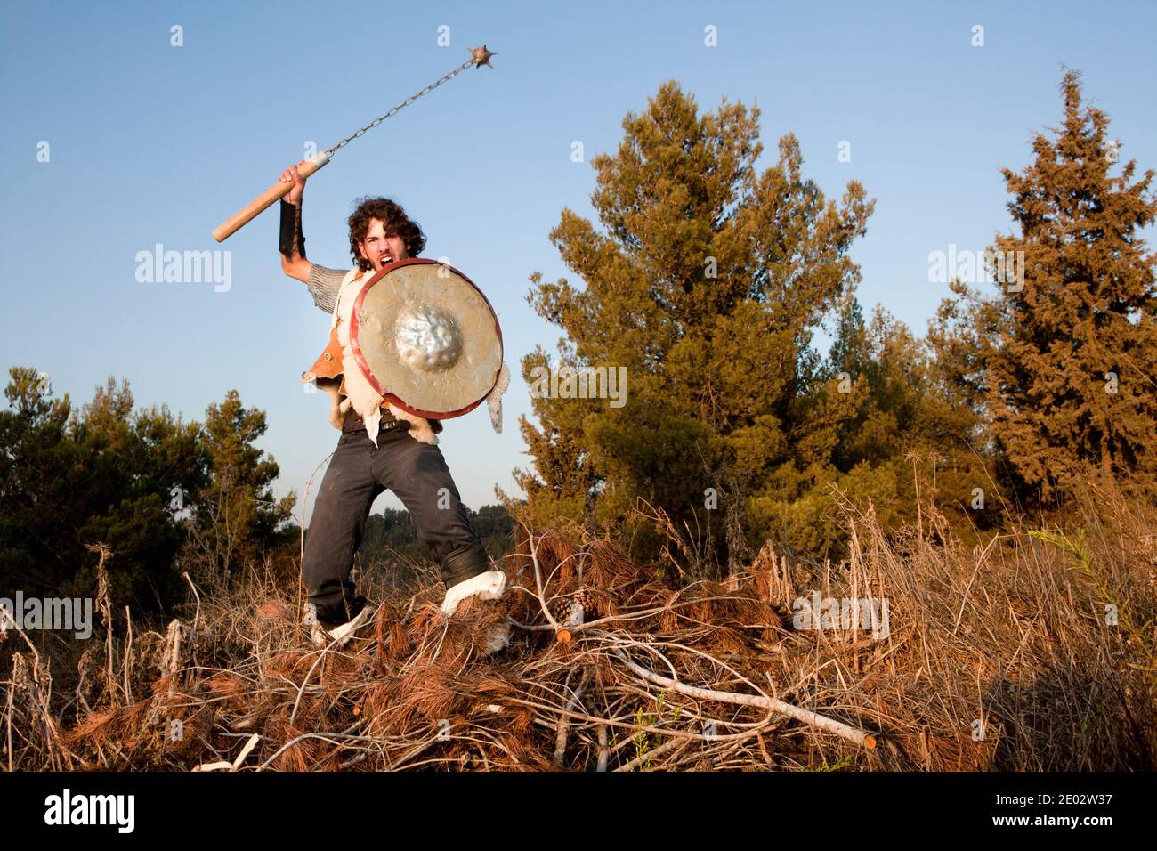 A wild Barbarian Attack with a Flail Stock Photo - Alamy