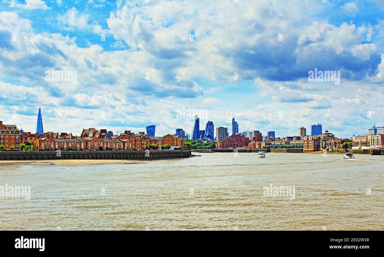 River bus floating Thames River,picturesque London skyline background ...