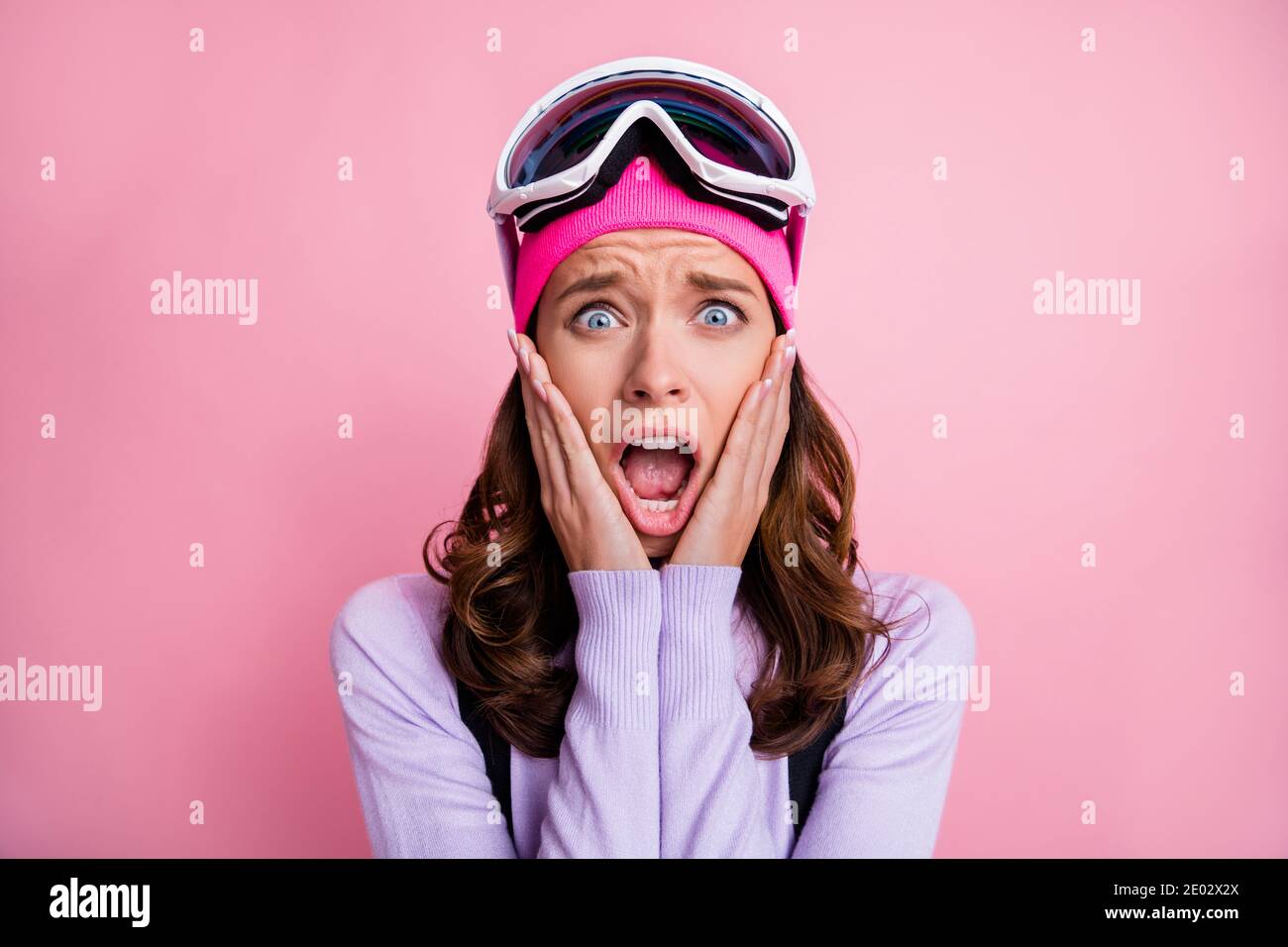Photo portrait of shocked woman screaming touching cheeks face with two ...