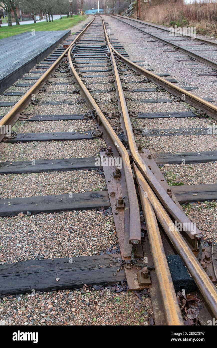 Railroad tracks at low perspective in Malmkoping, Sweden photo: Bo ...