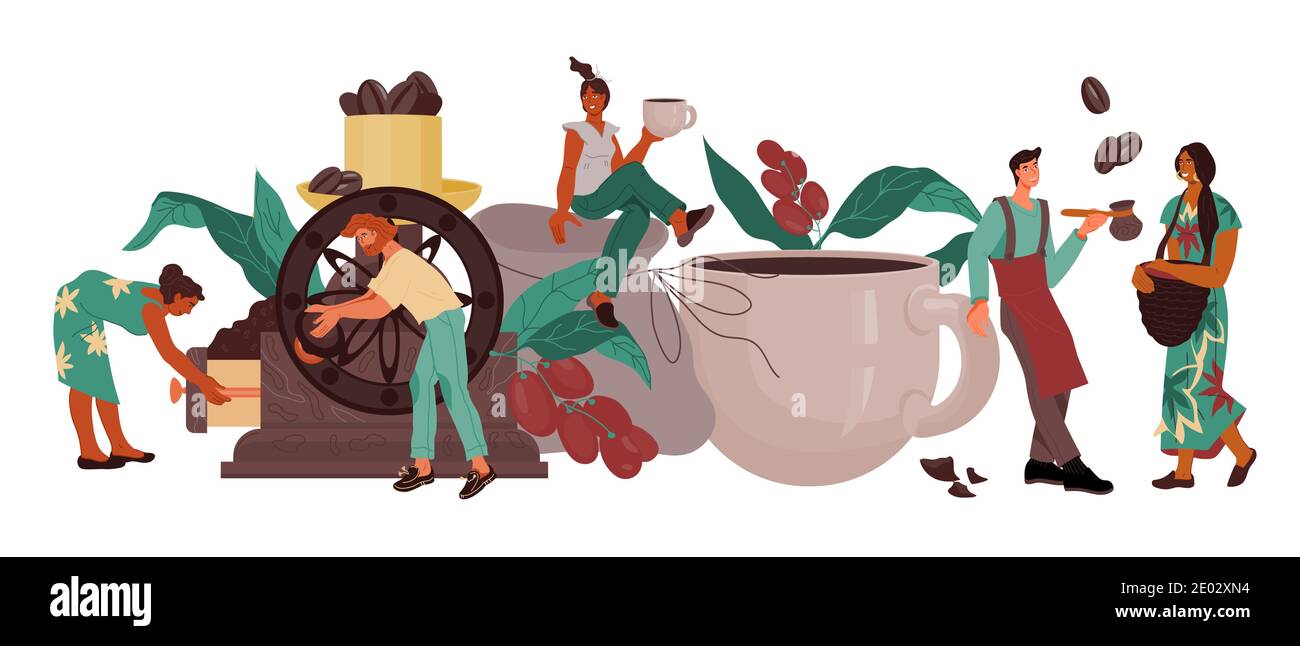 Coffee drink producing and processing banner template with people ...