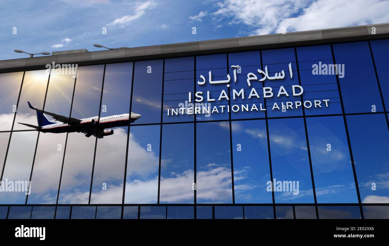 Jet aircraft landing at Islamabad, Pakistan 3D rendering illustration ...