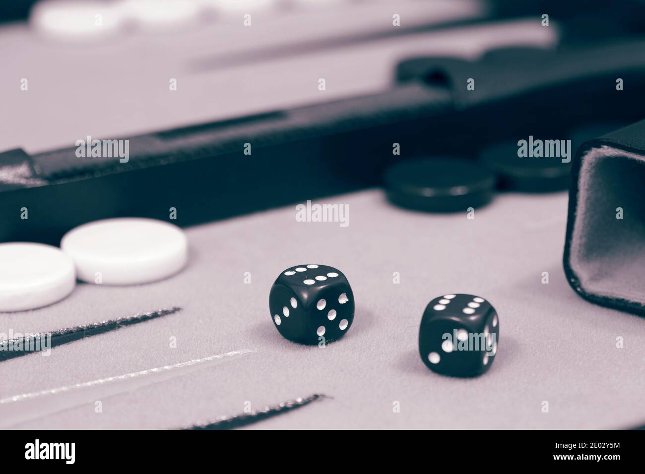 Backgammon set, ready to start game, on a cloth and leather board. With ...
