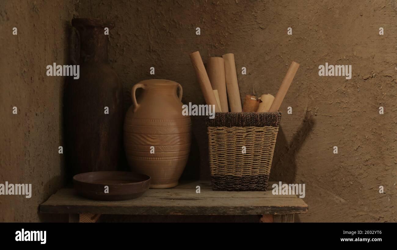 Biblical scene of the interior of a Jewish house with earthen water ...