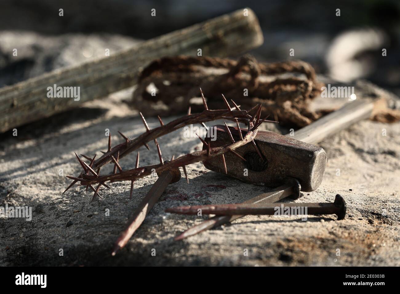 Lord Jesus was crucified, hammer, nails and crown of thorns, suffering ...