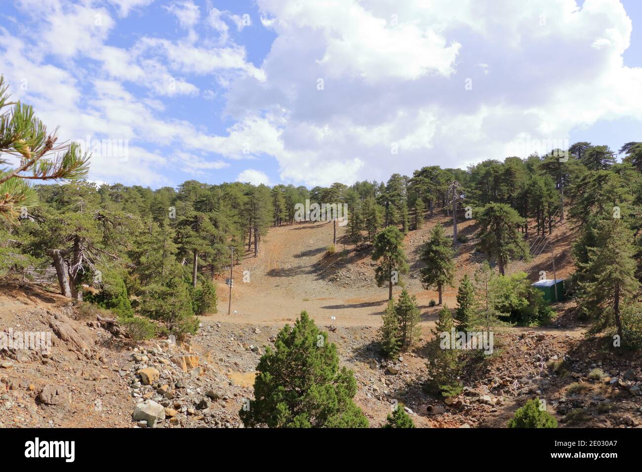 Ski lifts summer. Cable-car gondola station in the summer. Troodos ...