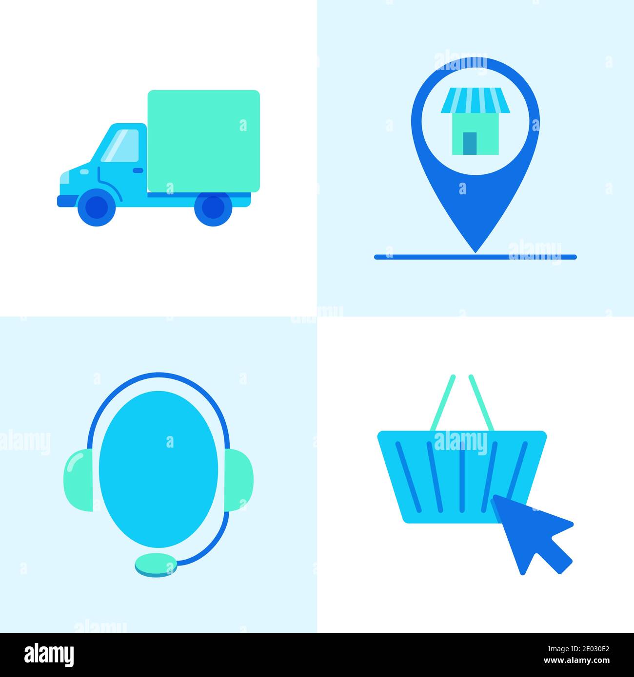Buying online icon set in flat style. Ecommerce, shop address, support ...
