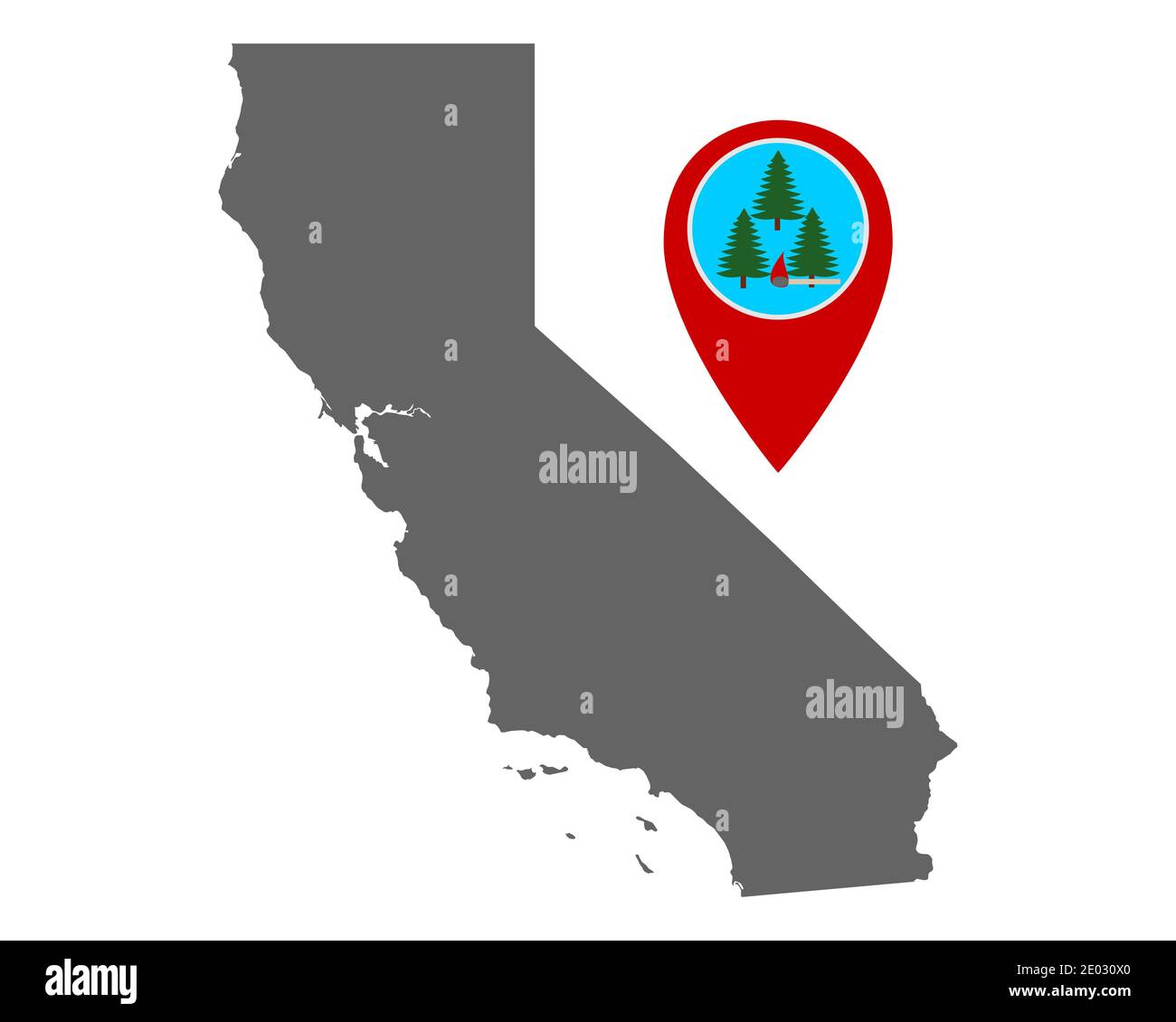 Map of California and pin with fire warning Stock Photo - Alamy