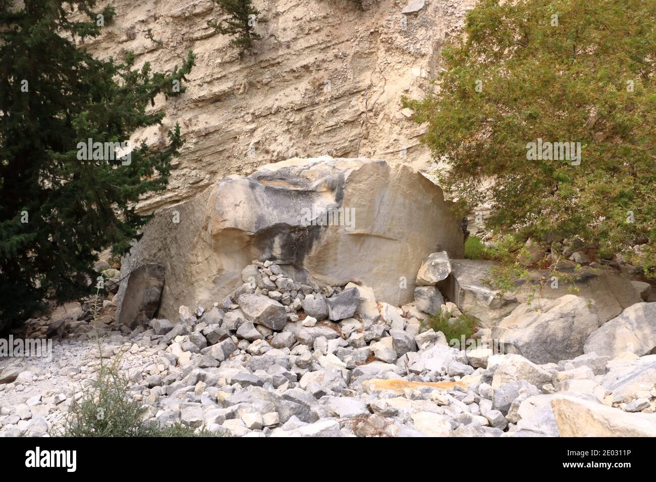 view on the Avakas Gorge with steep rocks and river on bottom. Akamas ...