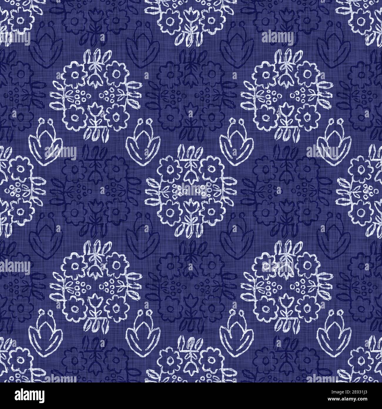 Indigo blue flower block print dyed linen texture background. Seamless ...