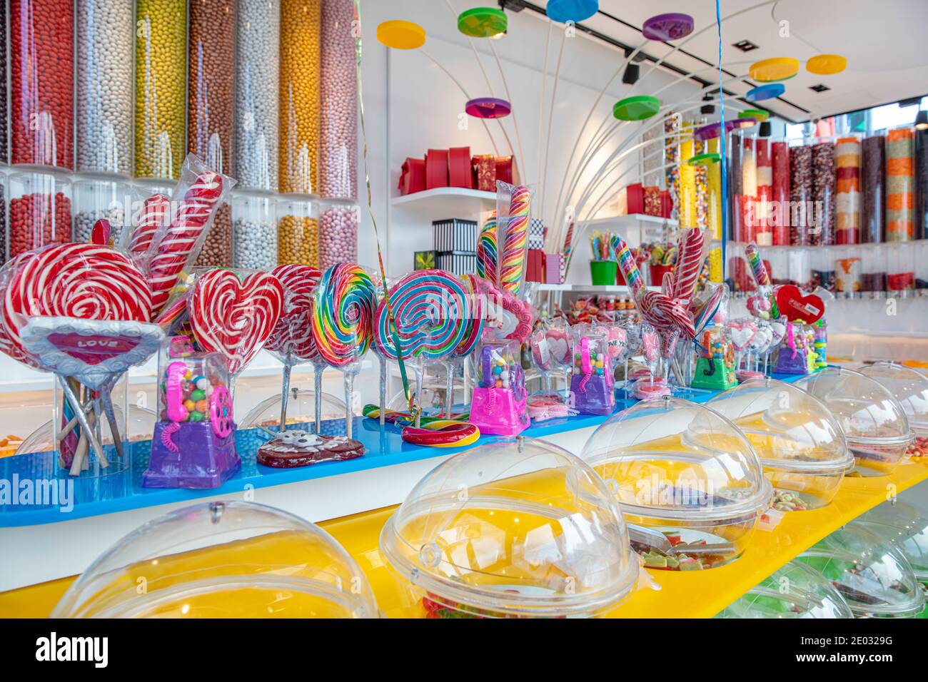 candy store. Candy for sale in an old-fashioned booth on a fairground ...