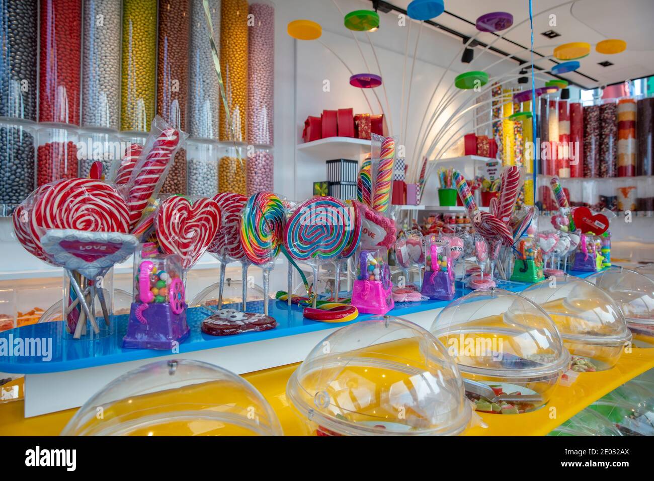 candy store. Candy for sale in an old-fashioned booth on a fairground ...