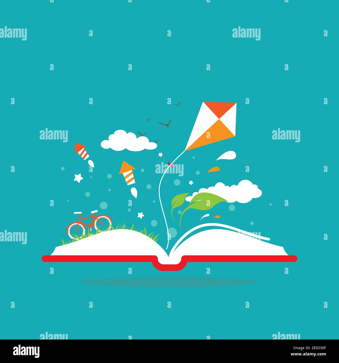 Open book with fireworks, clouds, kite, bike and stars. Isolated on ...
