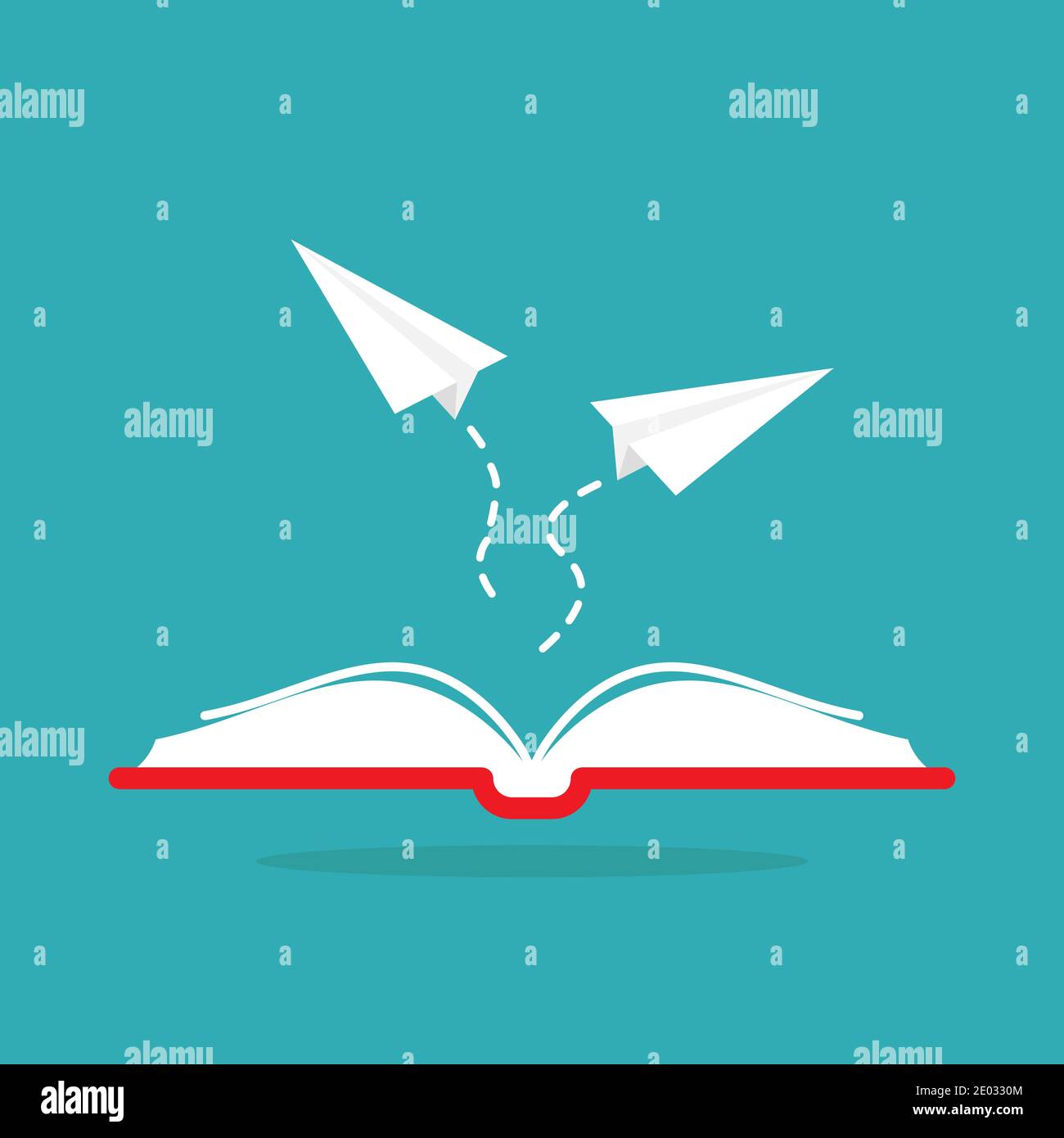 Open red book with paper planes flying out. Isolated on blue background ...