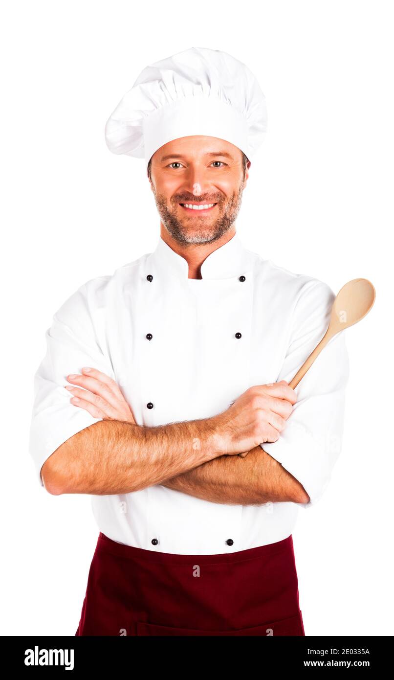 Portrait of a smiling chef isolated on white with wooden spoon Stock ...