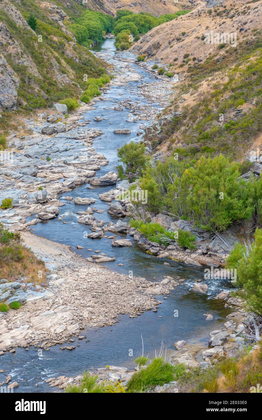 Valley of Taieri river at Central Otago Railway bicycle trail in New ...