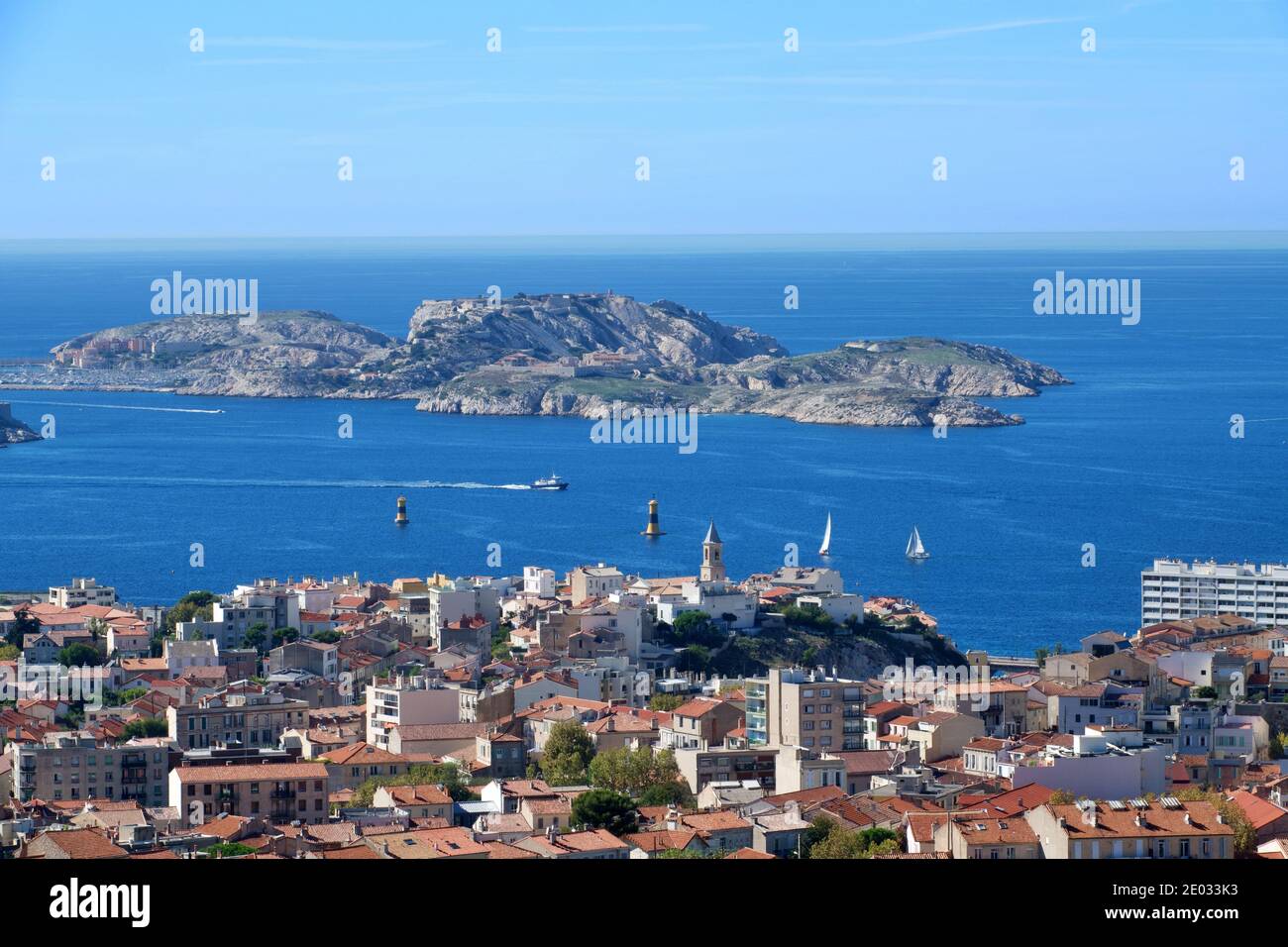 Aerial panoramic view of beautiful Marseille, France under blue sky ...