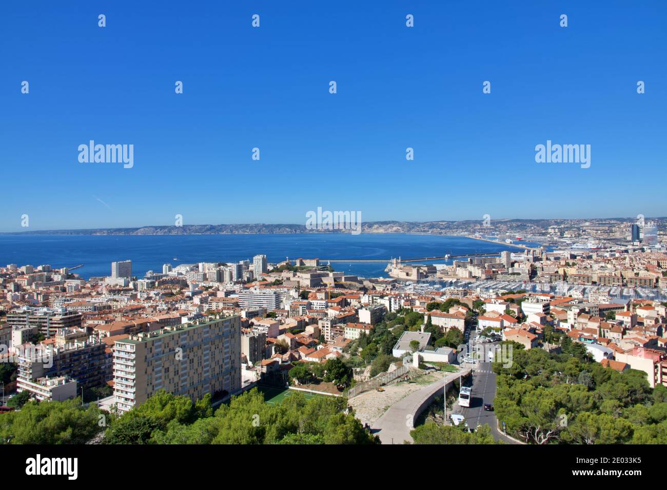 Aerial panoramic view of beautiful Marseille, France under blue sky ...