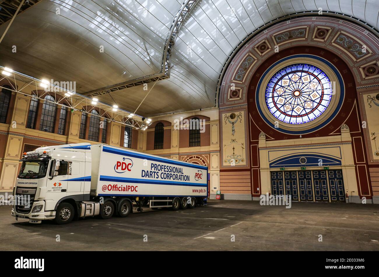 General view of a PDC truck inside Alexandra Palace during day twelve ...