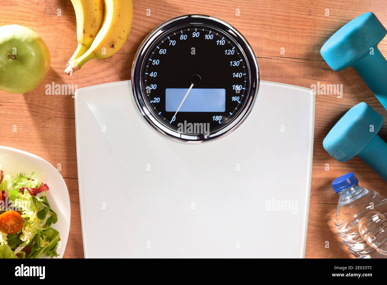 Health care and healthy life background with weighing scale and sport ...