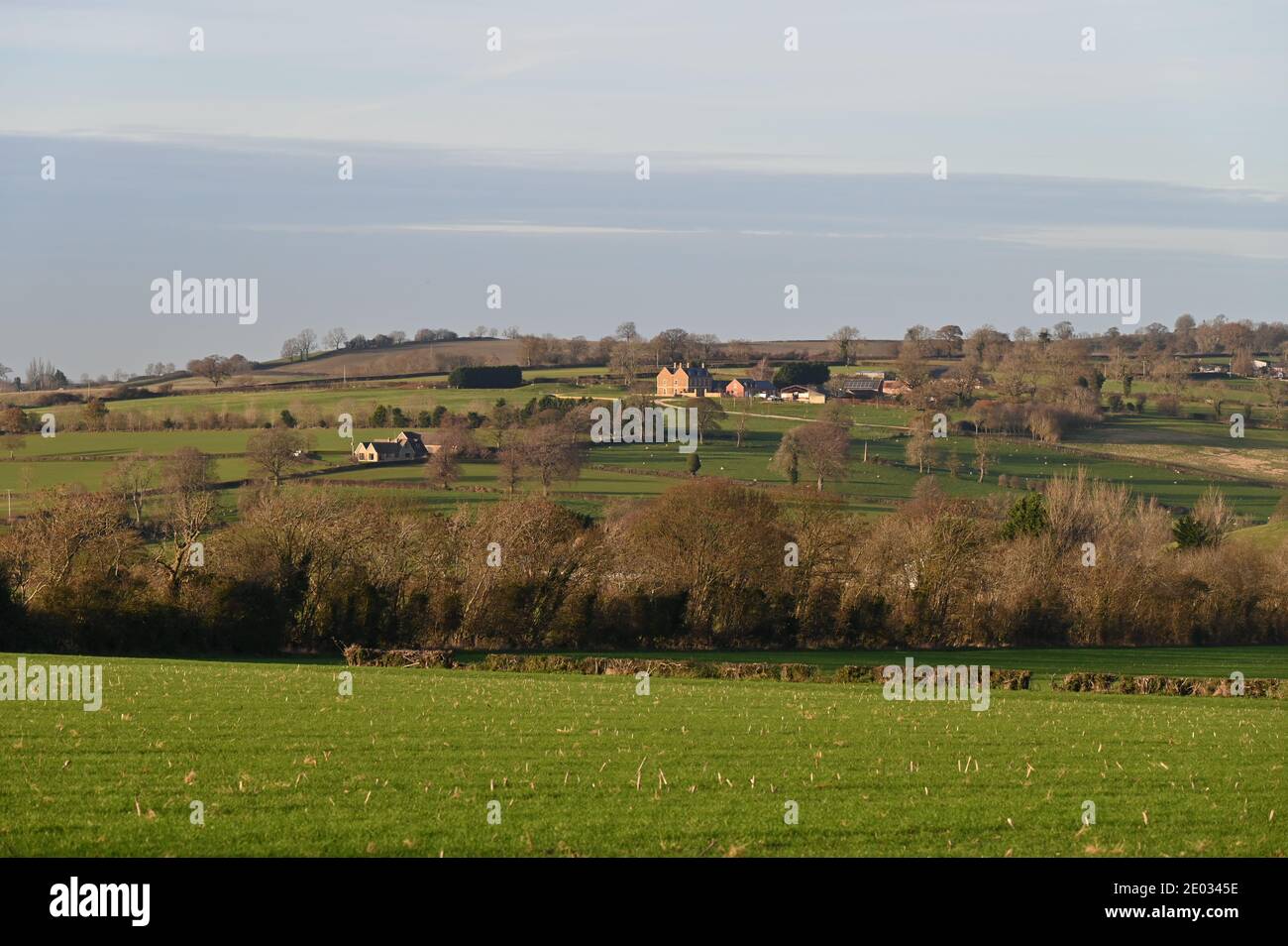 Countryside view in winter sunlight near the north Oxfordshire village ...